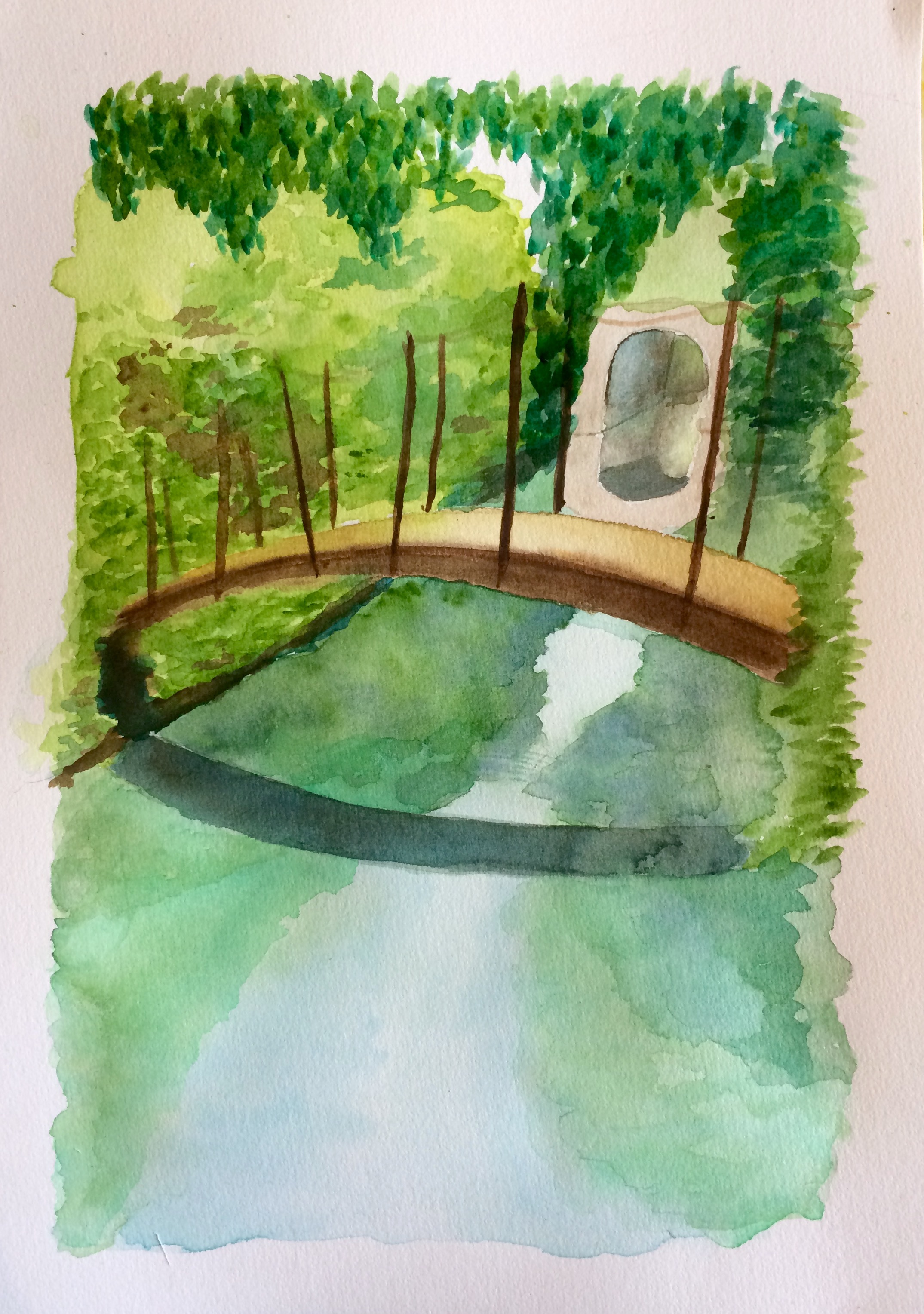 Old bridge over a pond in watercolours – Geraldine Fidelma Art